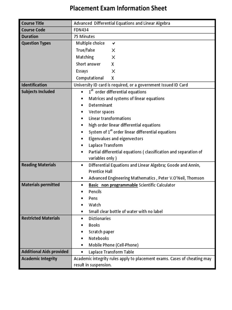 Placement Exam Information Sheet-FDN434 | PDF