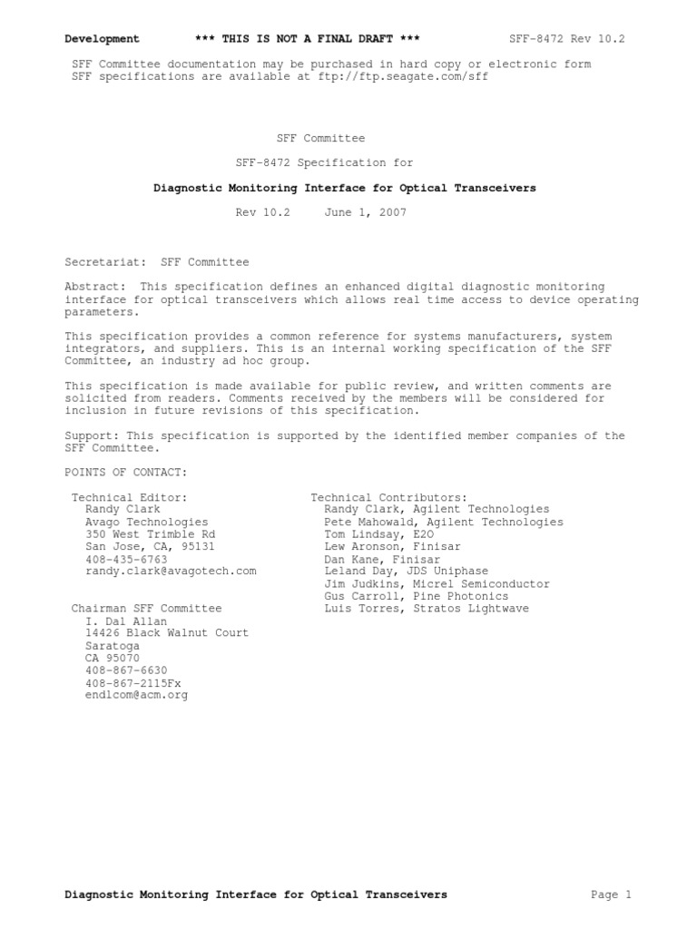 SFF 8472 | PDF | Physical Layer Protocols | Telecommunications