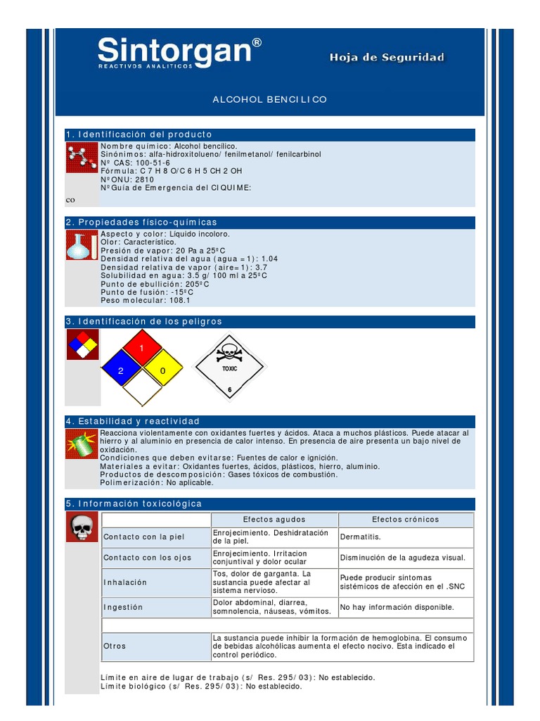 Alcohol Bencílico: Propiedades y Seguridad | PDF | Alcohol | Aluminio