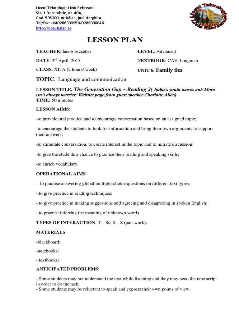 Lesson Plan: Family Ties TOPIC: Language and Communication | PDF ...