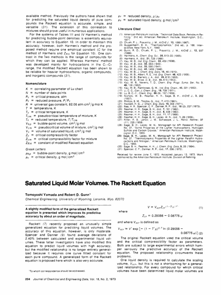 Yamada Ecuacion de Rackett PDF | PDF | Molar Concentration | Density