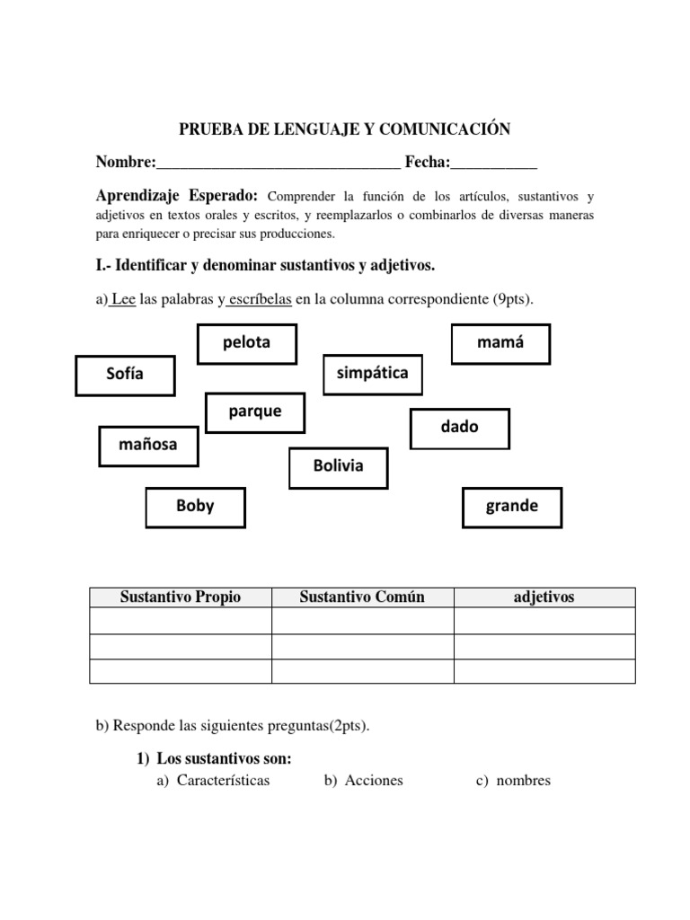 Prueba Sustantivos | PDF | Adjetivo | Morfología Lingüística