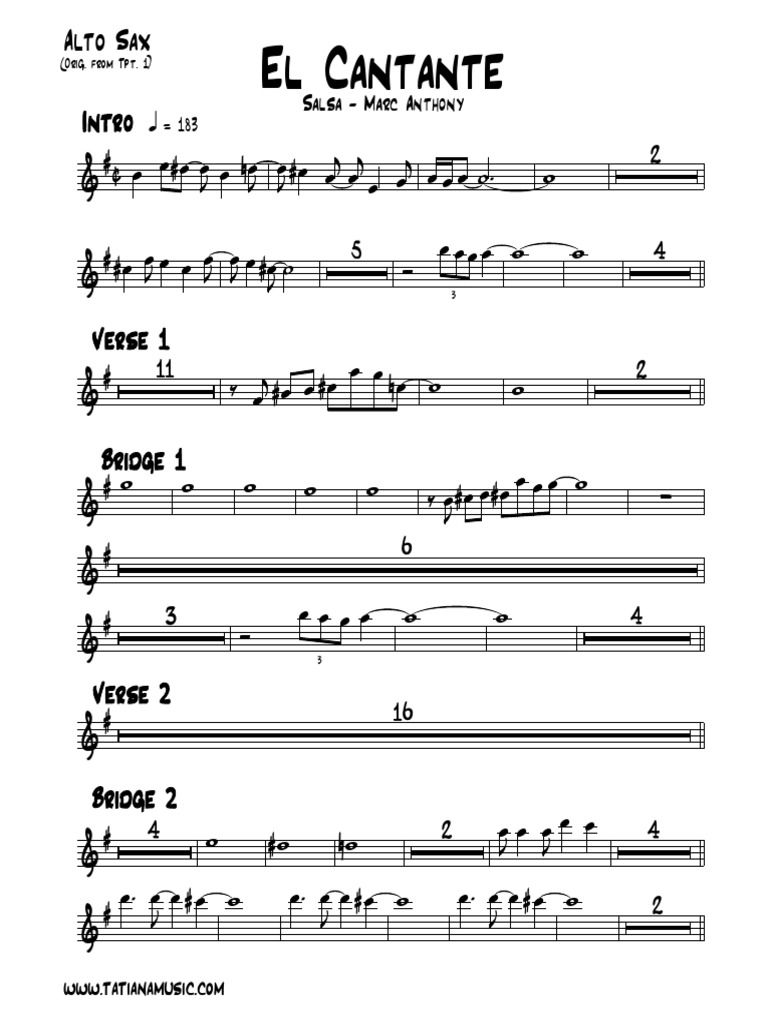 Partitura musical para saxofón alto de la canción 'El Cantante' de Marc ...