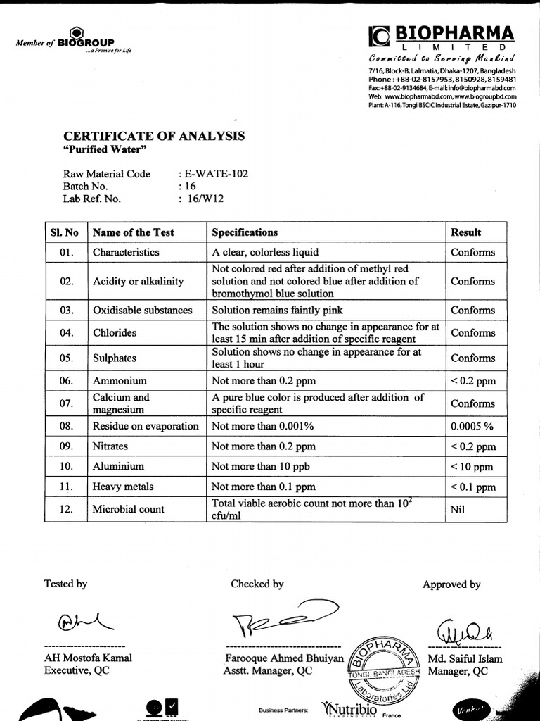 COA of Purified Water