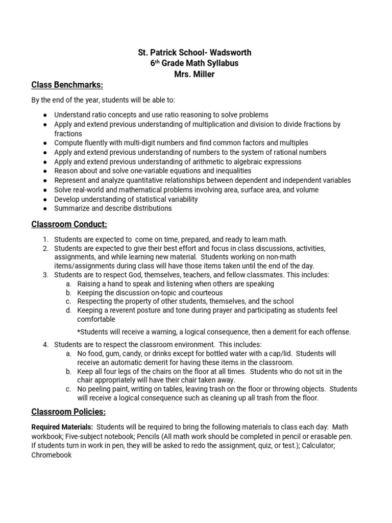 6th Grade Syllabus | PDF | Homework | Teaching Mathematics