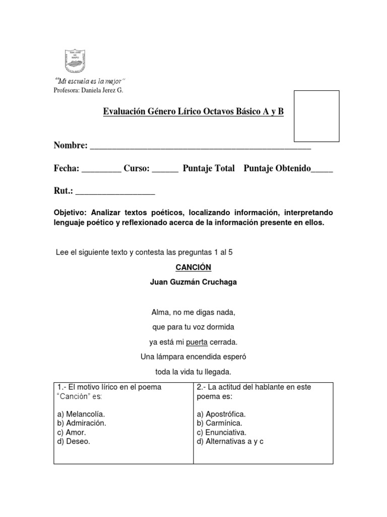 Prueba G. Lírcico 8° | Descargar gratis PDF | Rima | Poesía