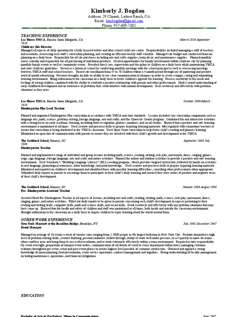 Kim Bog Dan Resume Ymca Director | PDF | Child Care | Relationships