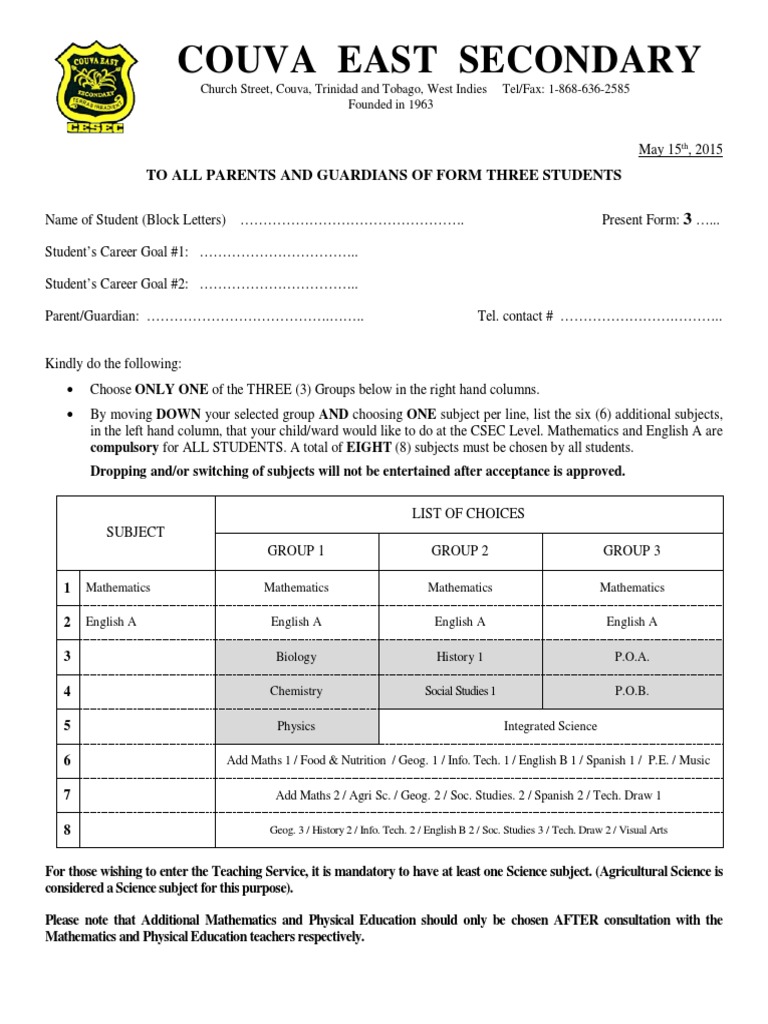 Form 3 Choice of Subjects 2015v2 PDF | PDF | Physical Education | Science