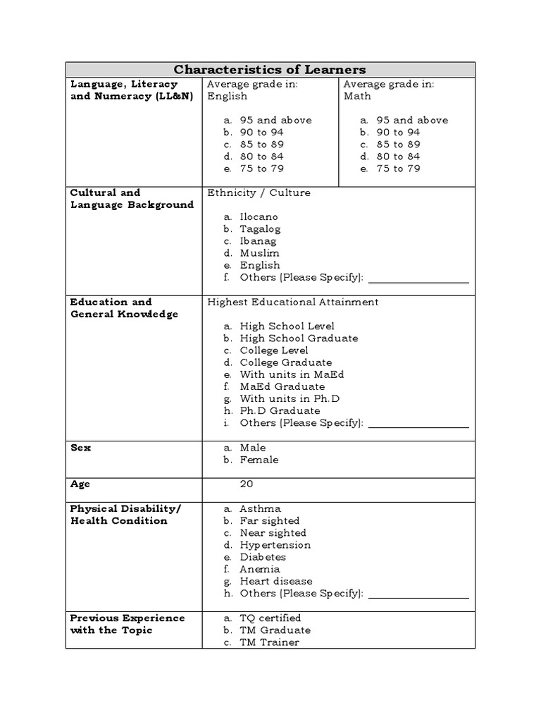 Characteristics of Learners: Language, Literacy and Numeracy (LL&N ...