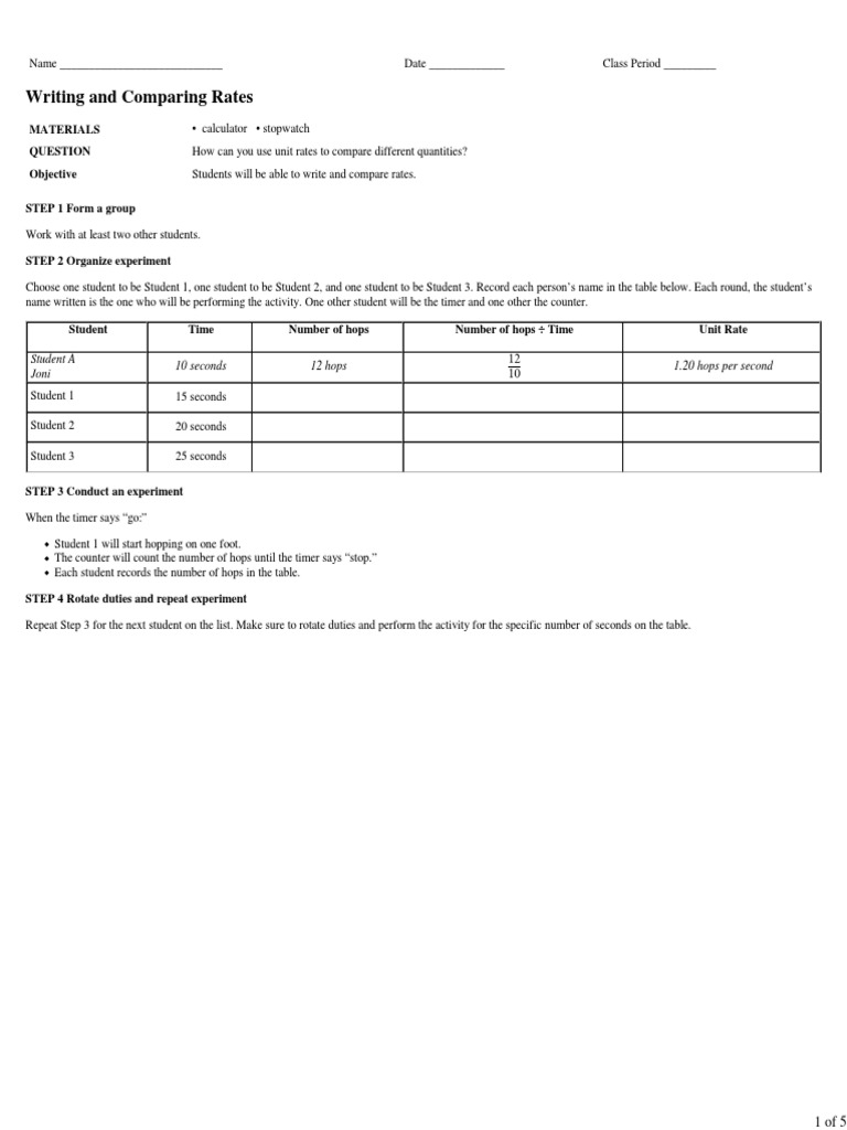 Writing and Comparing Rates (Unit Rate Inquiry Lab) | PDF