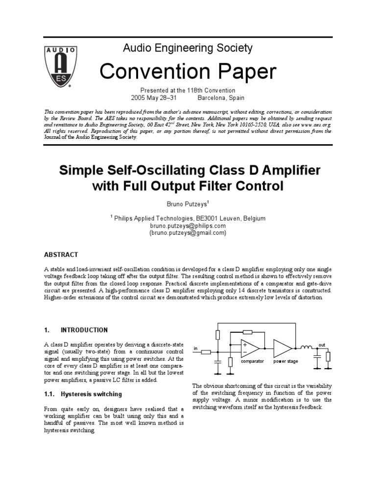 Self-Oscillating Class D Amplifier | PDF | Amplifier | Field Effect Transistor