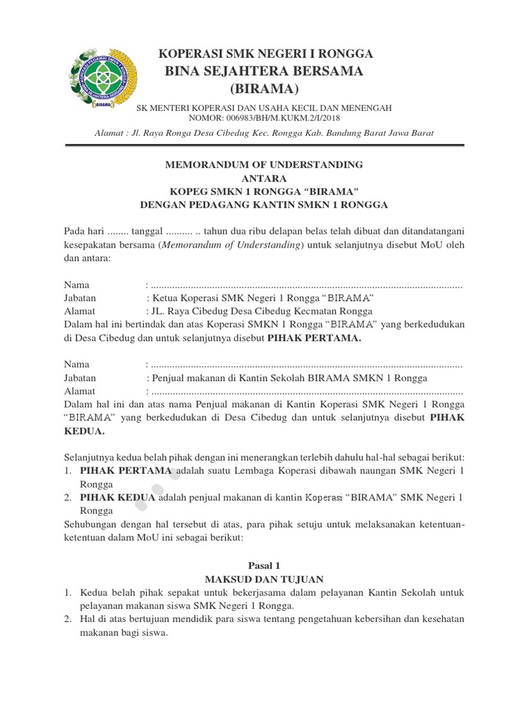 MoU Kantin Dengan Pedagang PDF | PDF