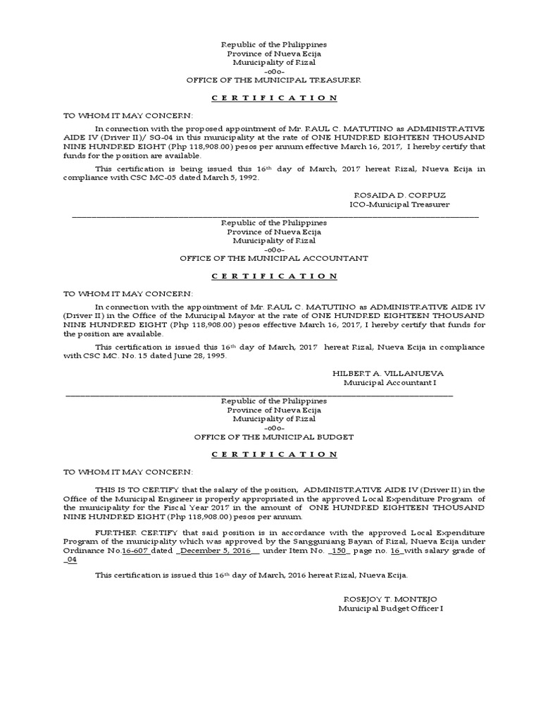 Appointment Certifications in Rizal, NE | PDF | Local Government ...