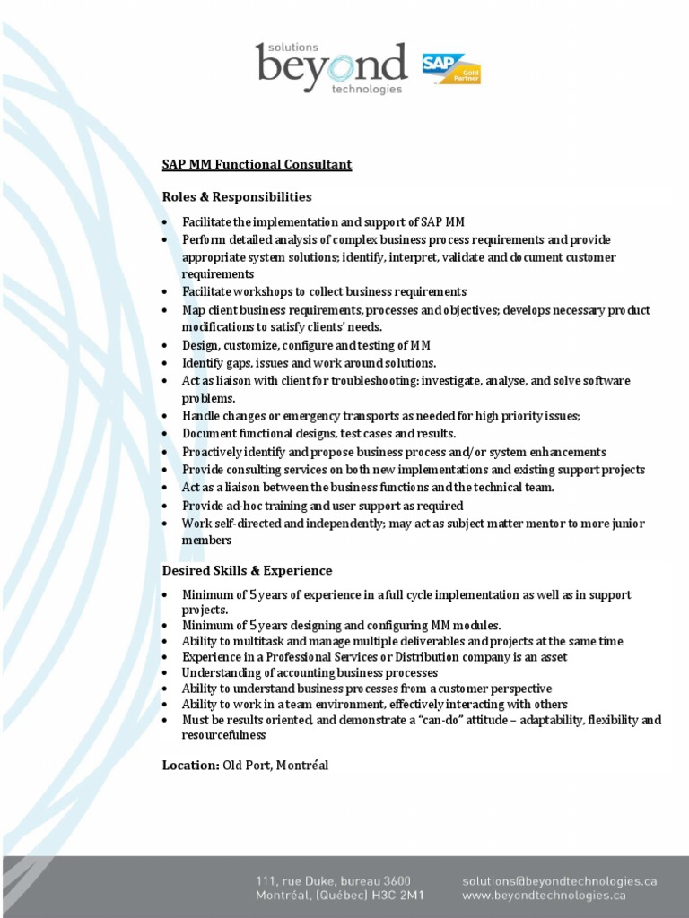 SAP MM Functional Consultant Responsibilities | PDF