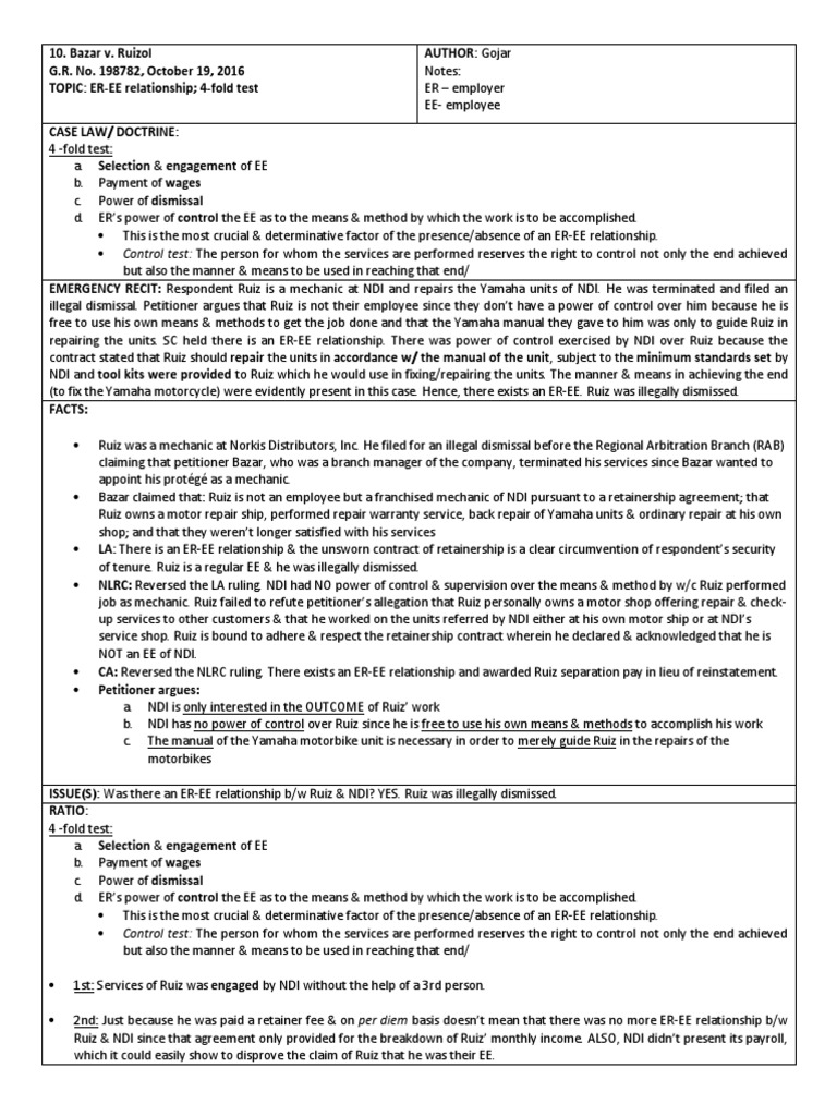 Bazar V Ruizol Digest | Download Free PDF | Wage | Employment