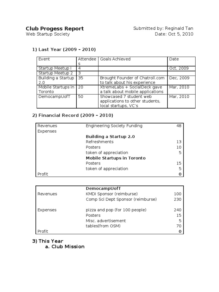 Club Progress Report | PDF | Startup Company | Small Business ...