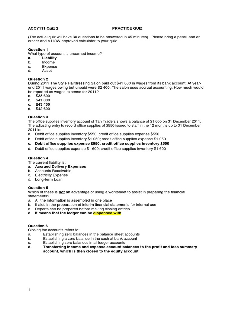ACCY 111 Quiz 2 Practice Quiz | PDF | Debits And Credits | Book Value