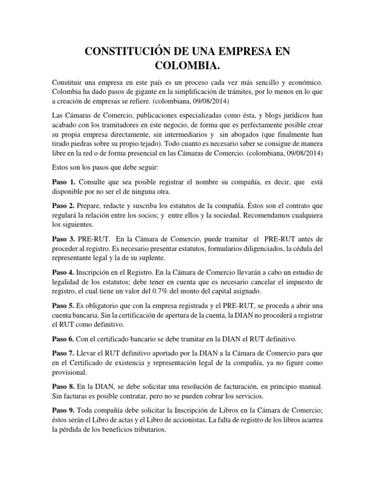 Constitución de Una Empresa en Colombia | PDF | Cámara de Comercio | Colombia