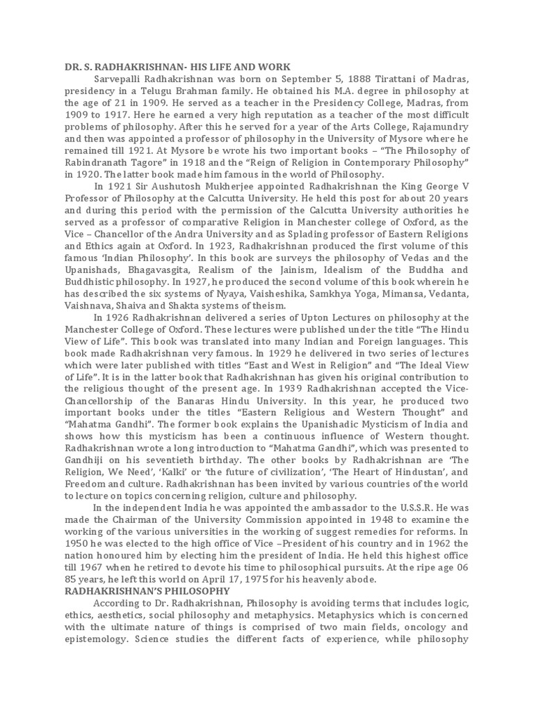 DR Radakrishnan Bio | PDF | Metaphysics | Philosophical Theories