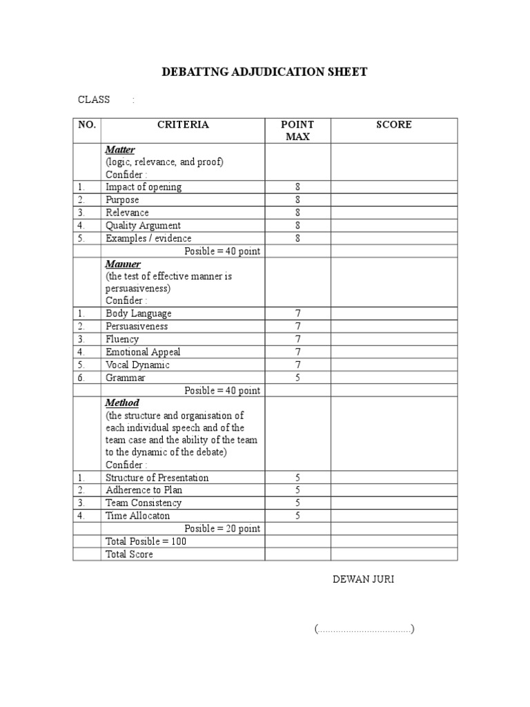 Debattng Adjudication Sheet: NO. Criteria Point MAX Score | PDF