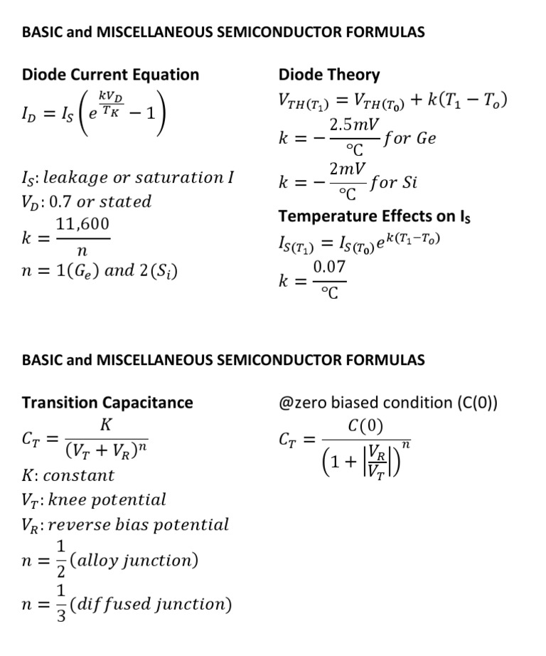 Semiconductor Formulas: Diodes, Capacitance, Temperature | PDF