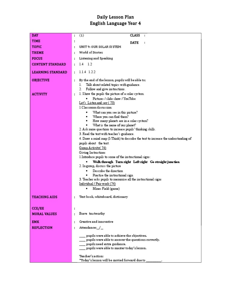 Daily Lesson Plan English Language Year 4: Walk Through Turn Right Left ...