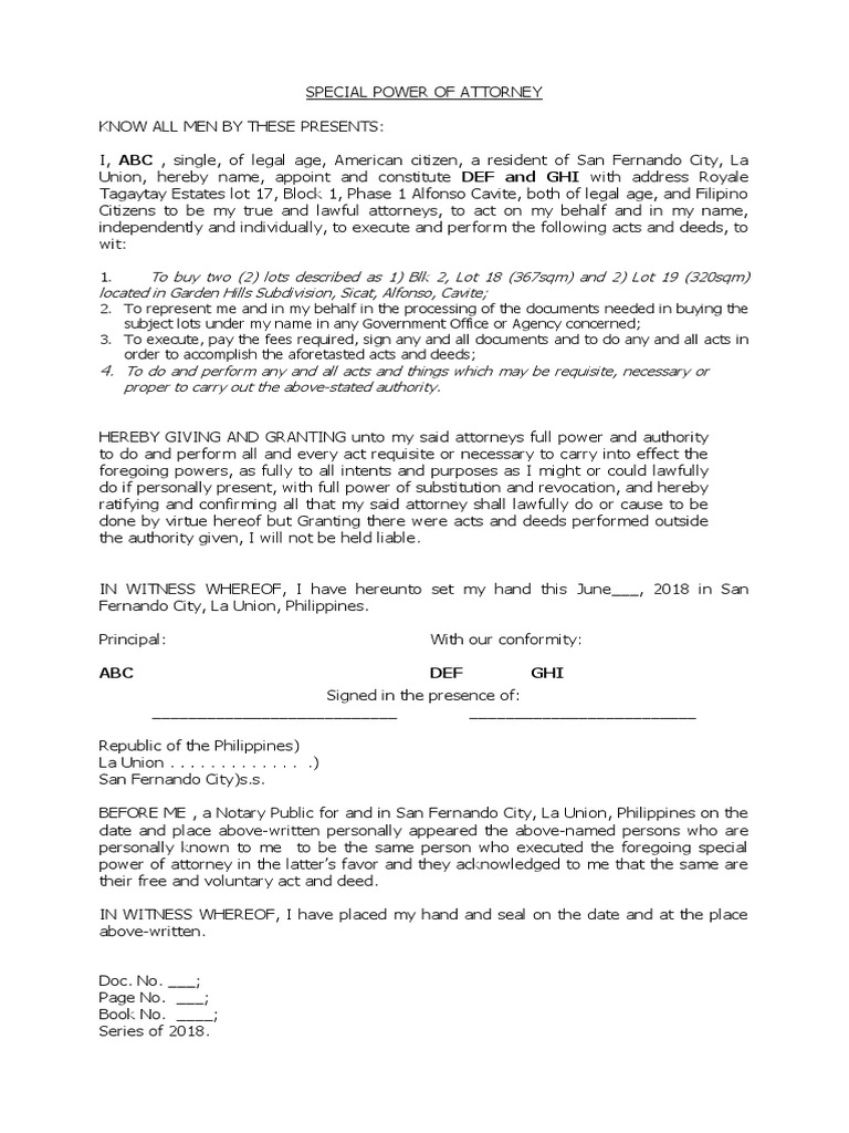 Special Power of Attorney Sample | PDF | Power Of Attorney ...
