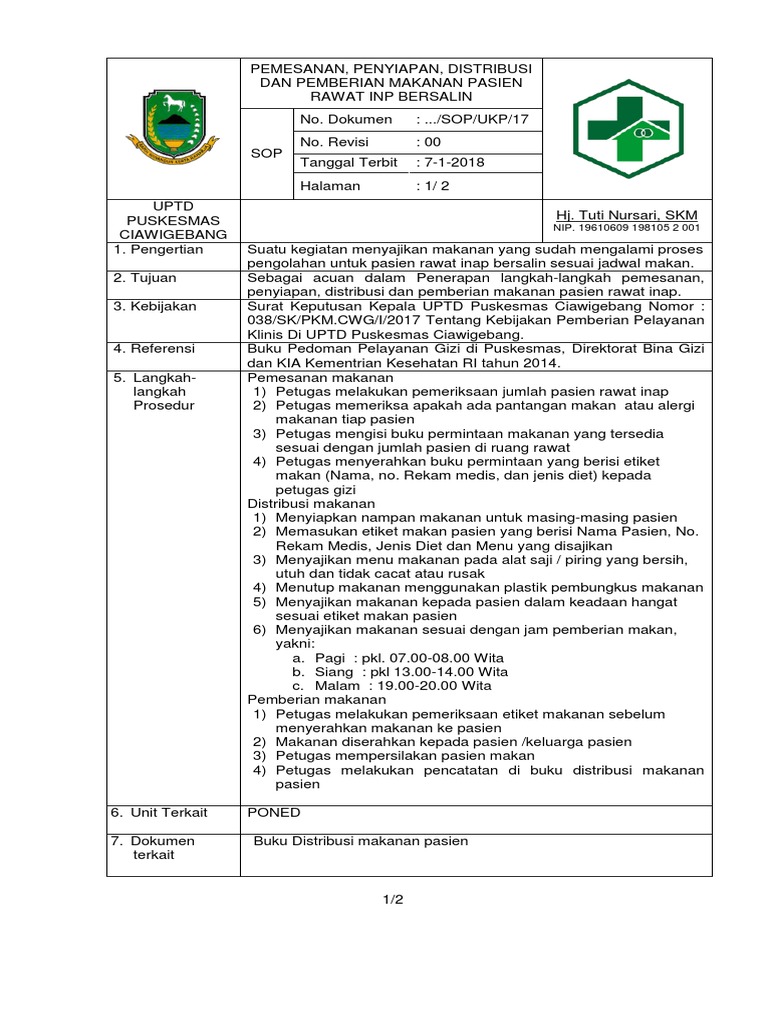 SOP Pemesanan, Penyajian, Distribusi Dan Pemberian Makanan Pasien Ranap ...