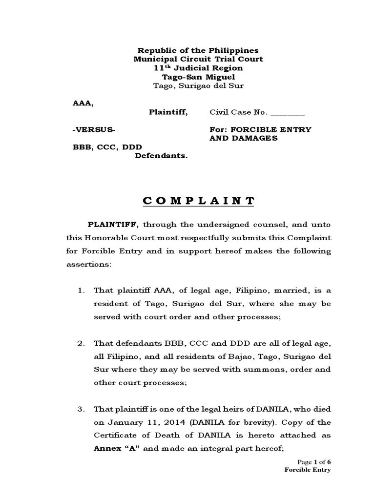 Complaint For Forcible Entry | PDF | Complaint | Lawsuit