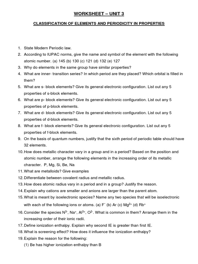 Classification of Elements Worksheet | PDF | Periodic Table | Materials