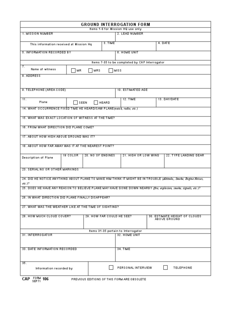 Ground Interrogation Form: Items 1-6for Mission Hquse Only | PDF ...