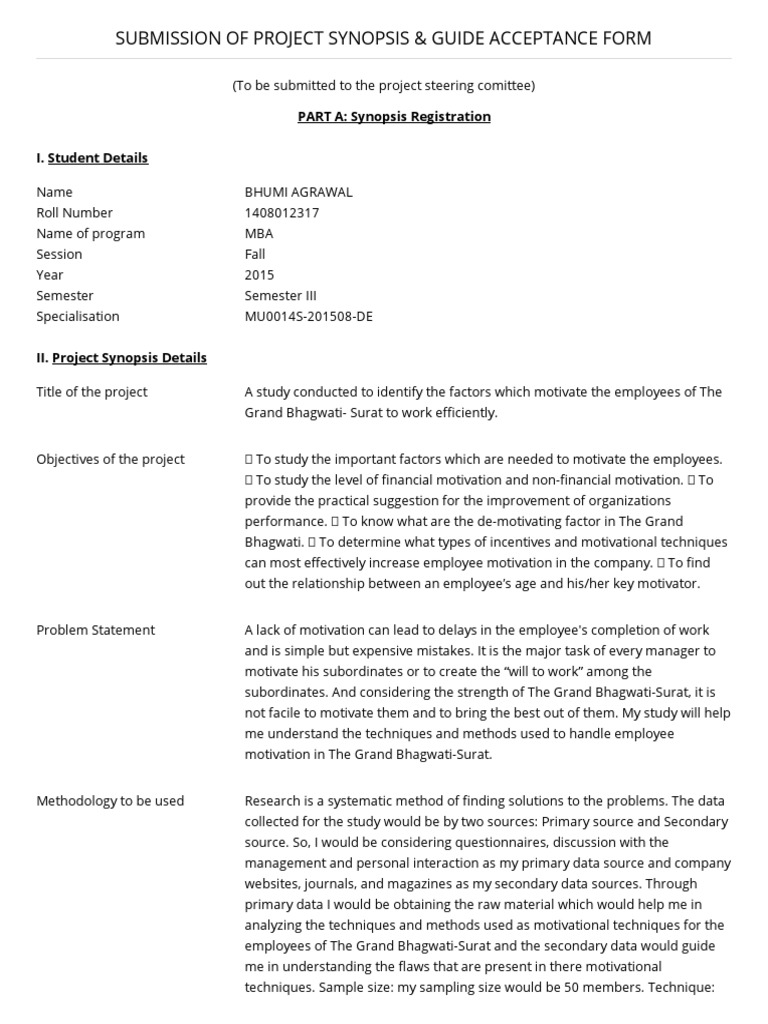 Submission of Project Synopsis & Guide Acceptance Form | PDF | Motivation | Motivational