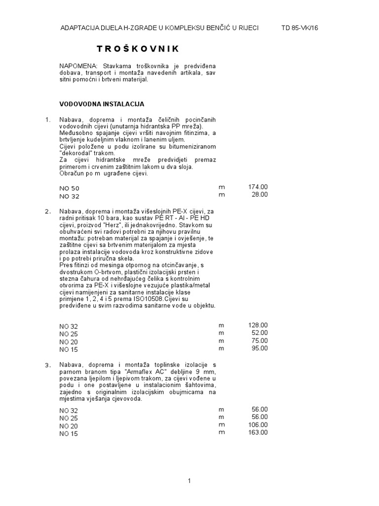 Troškovnik Strojarski Projekt Projekt Vodovoda I Kanalizacije | PDF