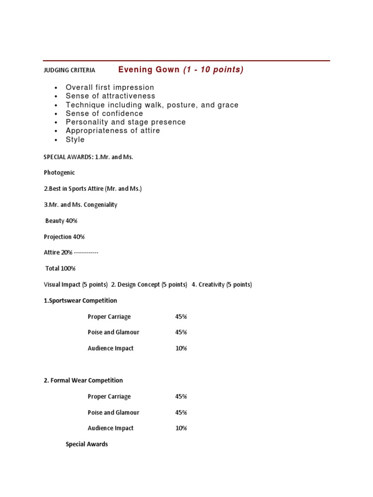 Pageant Judging Criteria Overview | PDF | Sports & Recreation | Games ...