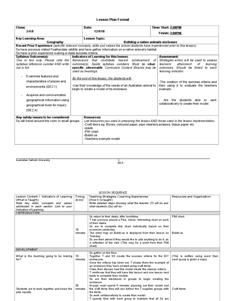 Lesson Plan Format: Specific, Observable. Curriculum Content Strands ...