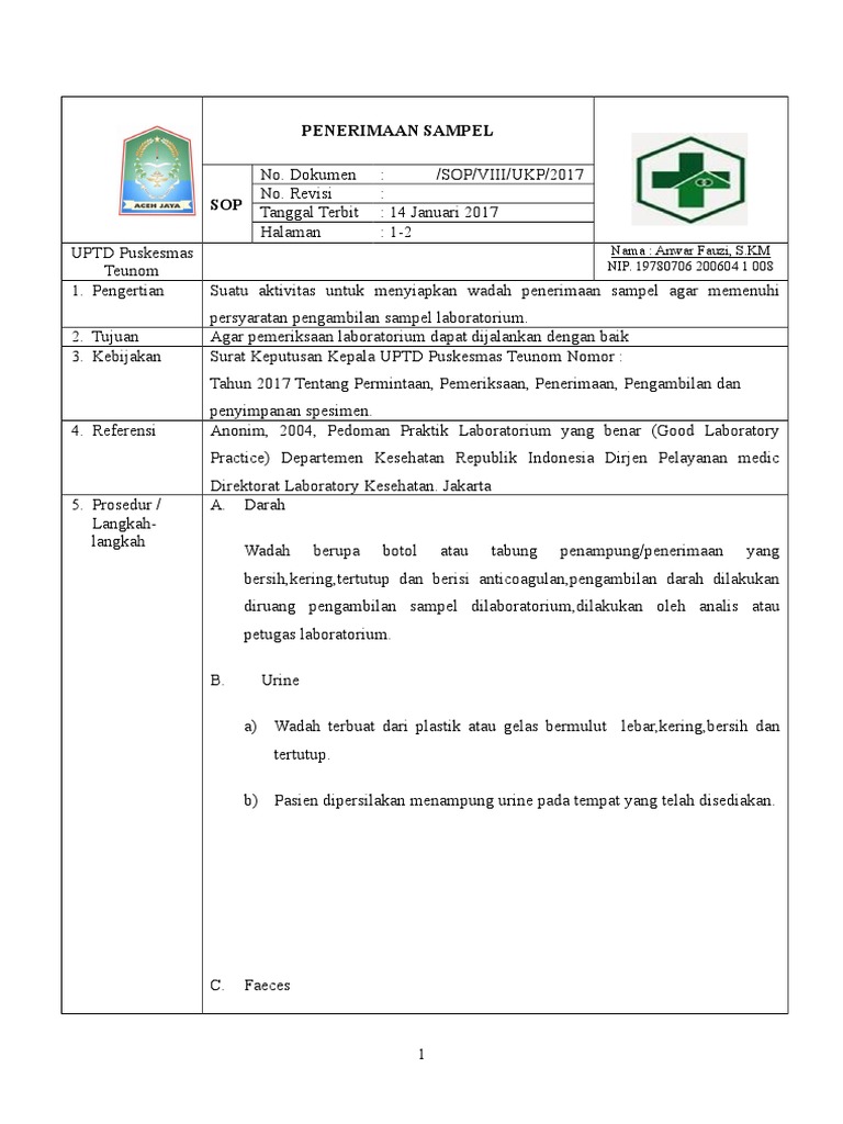 K 8.1.2 Ep 1 Sop Penerimaan Sampel | PDF