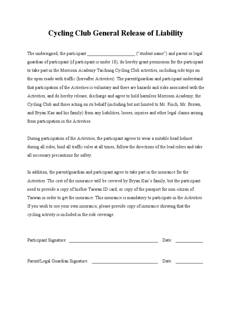 Bike Club Release of Liability | PDF