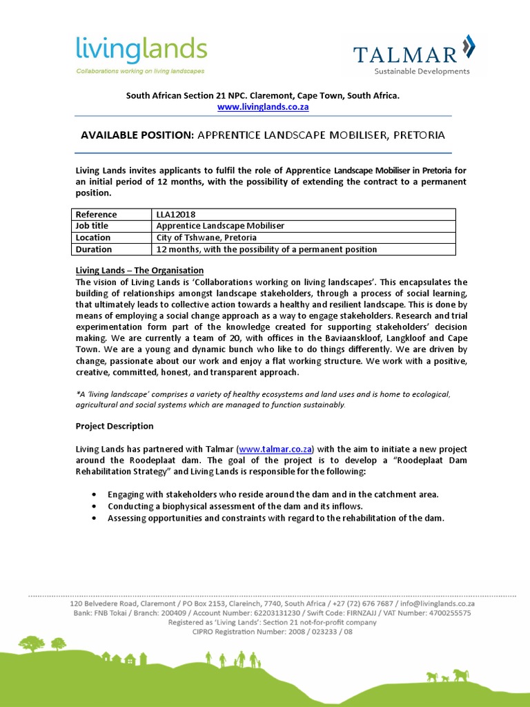 Living Lands Job Advert - Apprentice Landscape Mobiliser - Pretoria ...