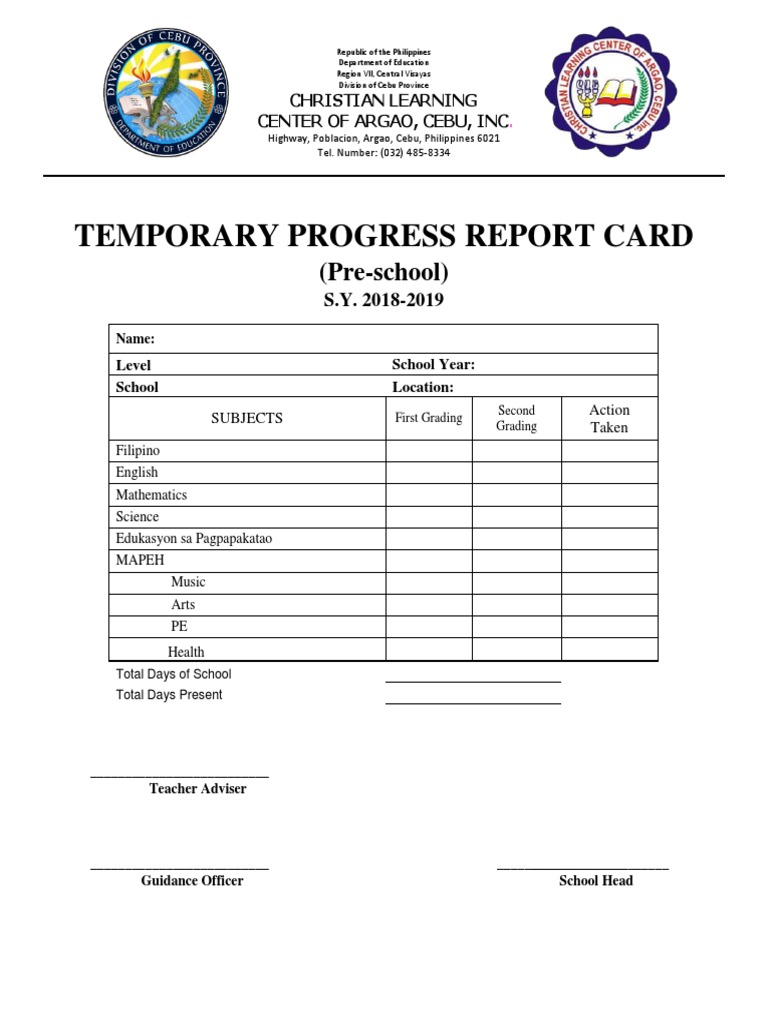 Temporary Progress Report Card - Preschool | PDF | Preschool | School Types