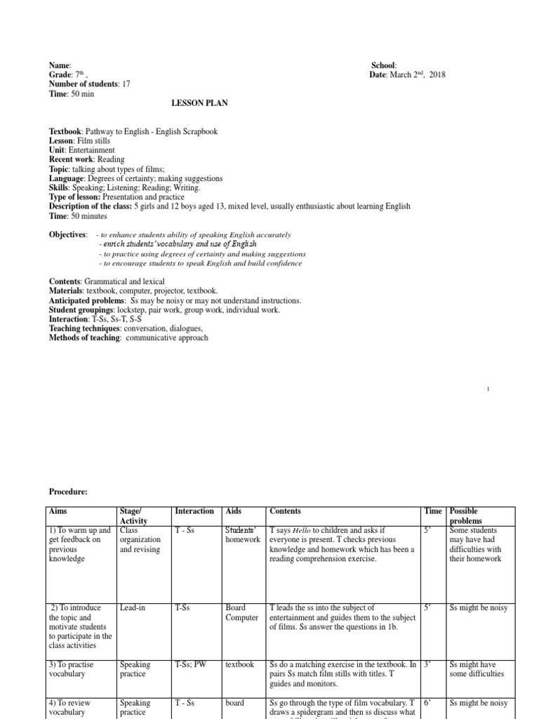 Film Stills Lesson Plan: Enhancing Students' Speaking Skills Through ...