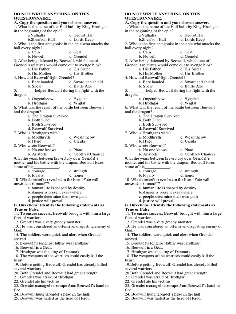 Quiz On Beowulf | PDF | Beowulf | English Folklore