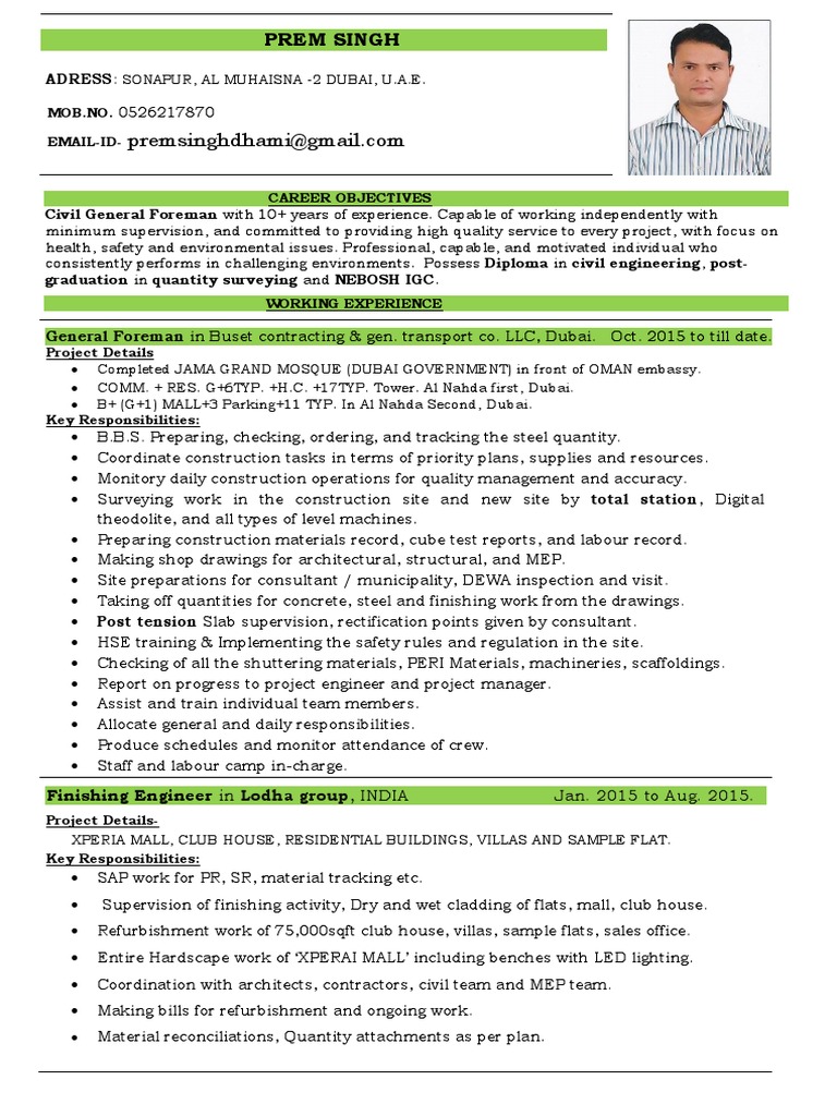 CV Prem Singh Geneal Foreman | Download Free PDF | Diploma | Civil ...