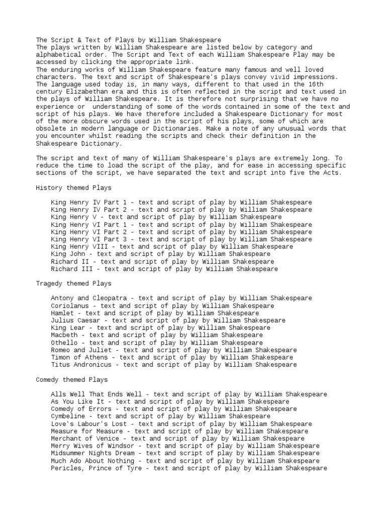 Shakespeare Plays Scripts Texts | PDF | William Shakespeare | Plays