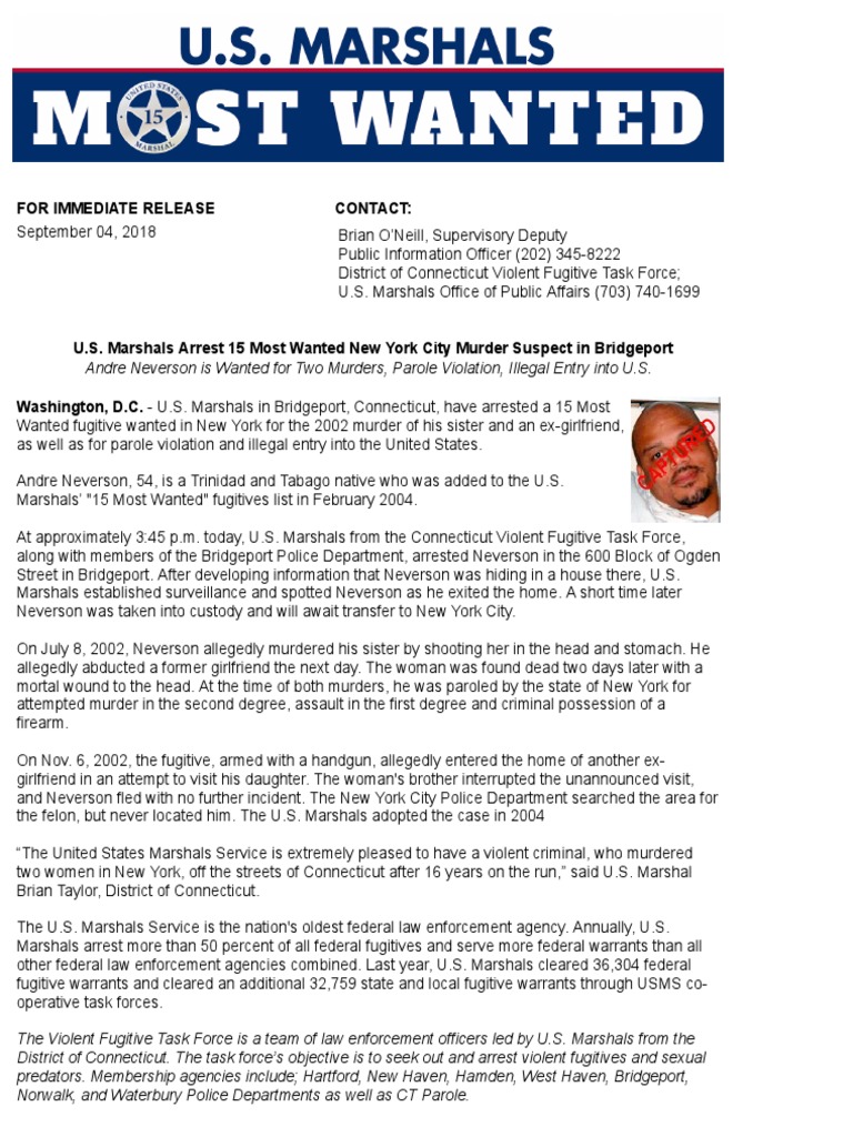 U.S. Marshals Arrest 15 Most Wanted New York City Murder Suspect in ...
