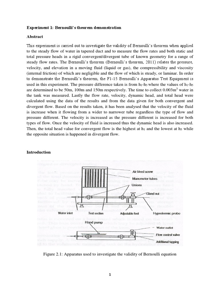 Experiment 1: Bernoulli's Theorem Demonstration | PDF | Fluid Dynamics ...
