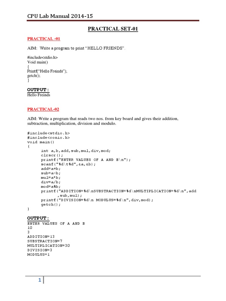 CPU Lab Manual 2014-15: Practical Set-01 | PDF | Computer Programming ...