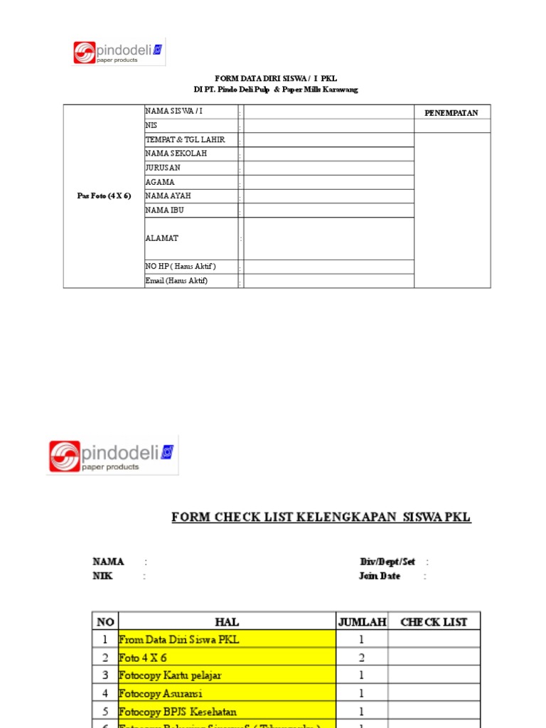 Form Data Diri & Checklist PKL Magang 2018 | PDF