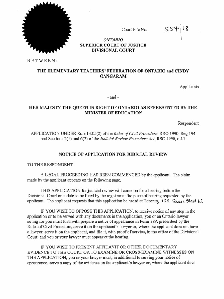 EFTO's Notice of Application For Judicial Review Against Ontario's ...