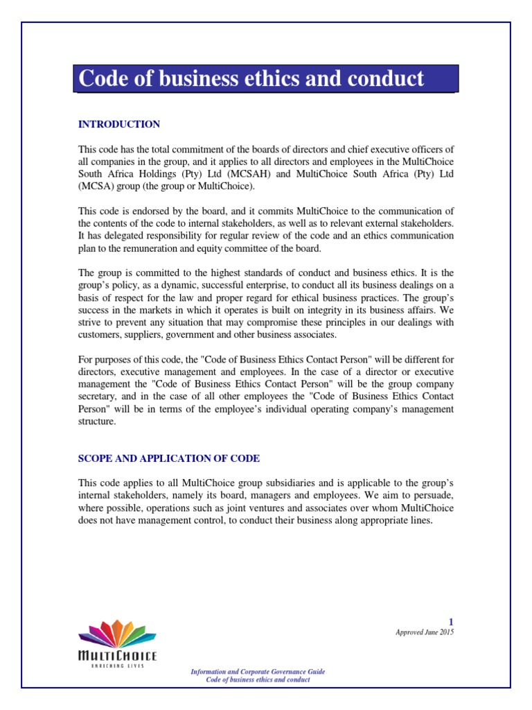 Code of Business Ethics and Conduct | PDF | Business Ethics | Board Of ...
