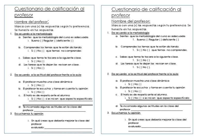 Cuestionario de Preguntas para Calificar Al Docente | PDF ...